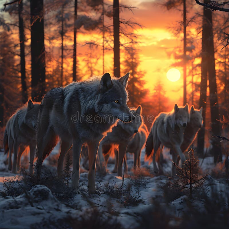Wolf Family in the Forest with Sunset. Stock Illustration ...