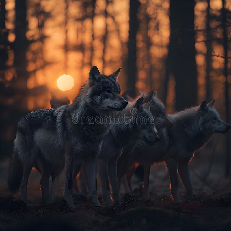 Wolf Family in the Forest with Sunset. Stock Illustration ...