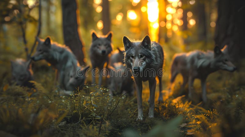 Wolf Family in the Forest with Sunset. Stock Illustration ...