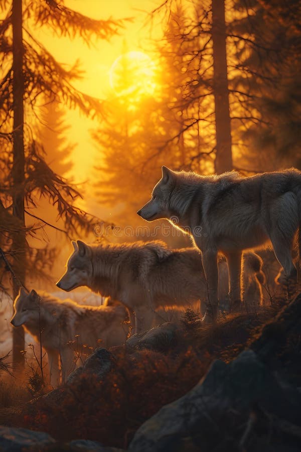 Wolf Family in the Forest with Sunset. Stock Illustration ...