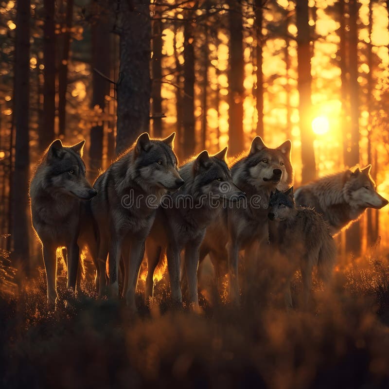Wolf Family in the Forest with Sunset. Stock Illustration ...