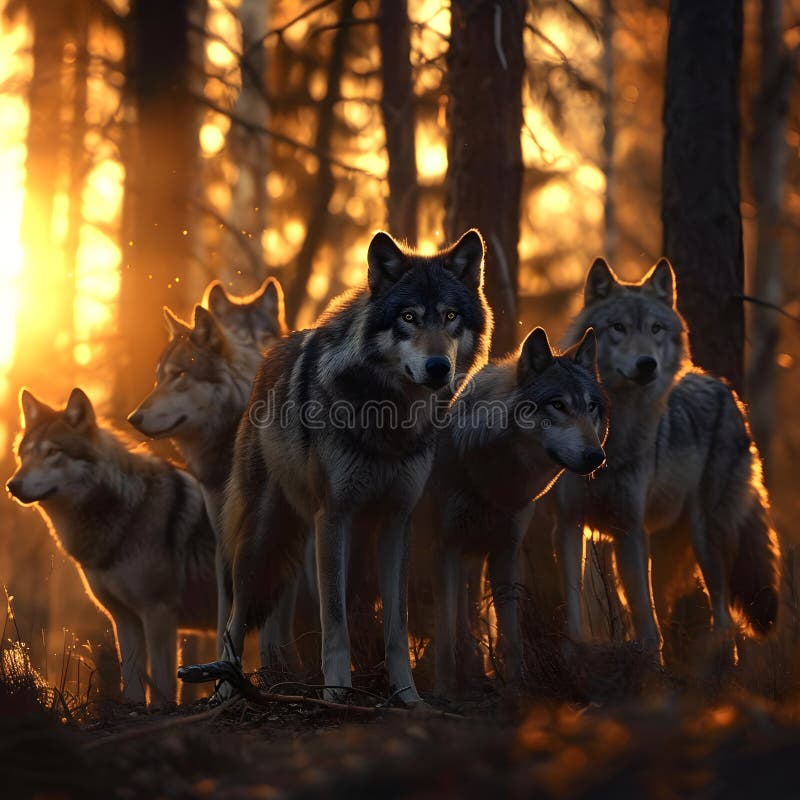 Wolf Family in the Forest with Sunset. Stock Illustration ...