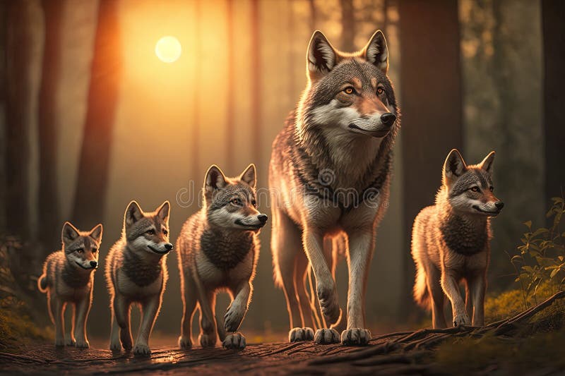 Wolf Family Walk through the Forest. Generative AI Stock Illustration ...