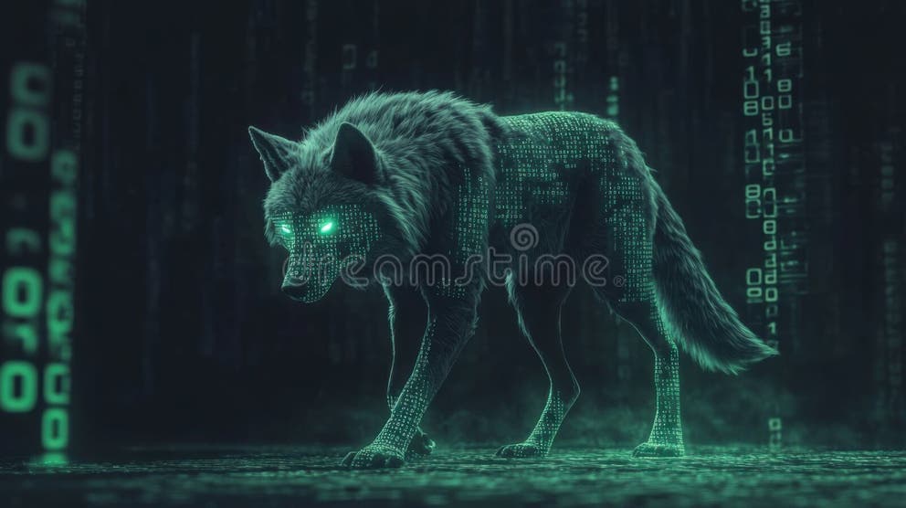 Digital Wolf Composed of Green Binary Code Stands in a Dark, Textured ...