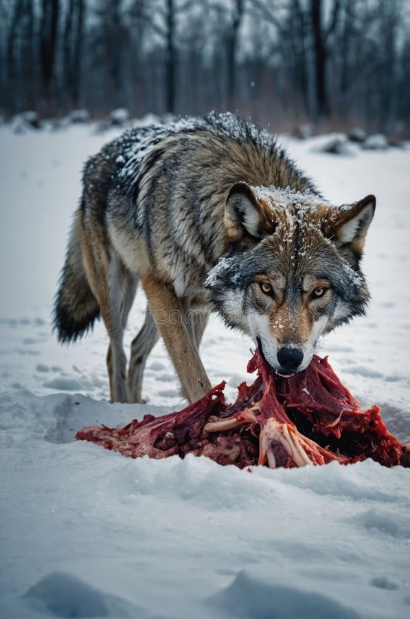 Gray Wolf Eating in Snowy Forest, Winter Predator Hunting Stock ...