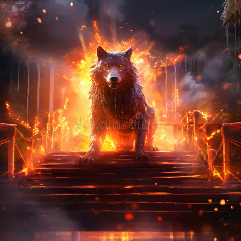 A Wolf Howling in the Flames of Fire. Generated AI Illustration Stock ...