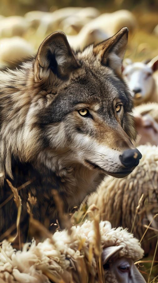 Wolf among Flock of Sheep in Meadow, Wildlife and Predator Concept ...