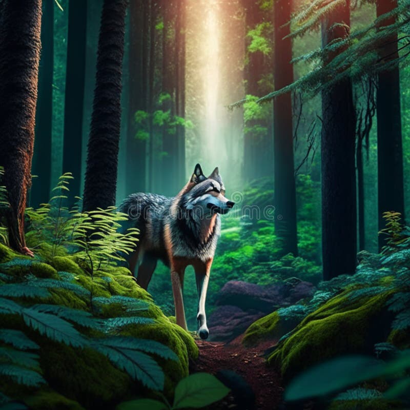 Wolf in the Forest. Panoramic View of Wolf in the Forest Stock ...