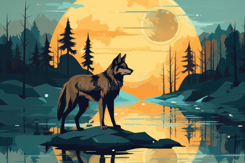 Wolf in Forest by River Full Moon at Night Stock Illustration ... Wolf in Forest by River Full Moon at Night Stock Illustration ...