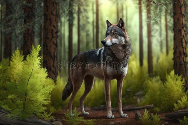 A Wolf in the Forest in Summer Stock Illustration - Illustration of ...