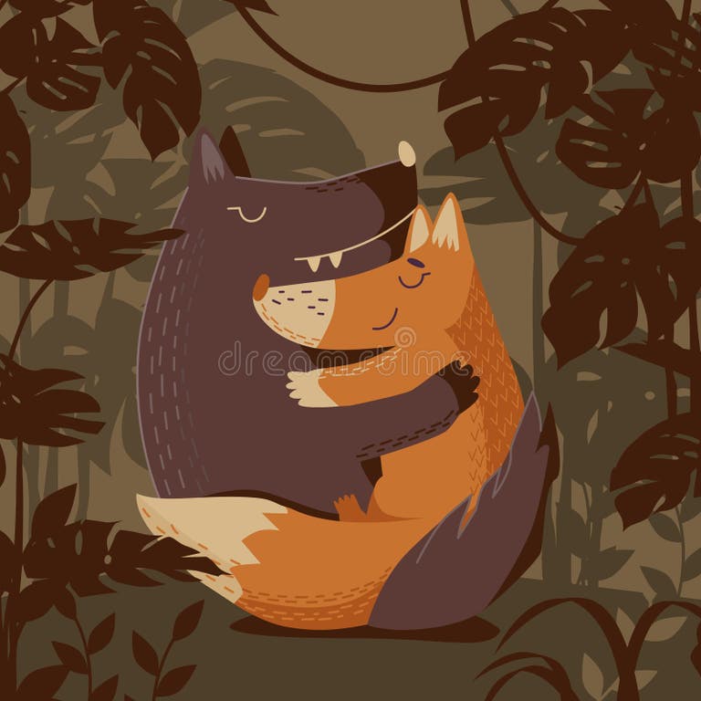 Wolf and Fox Hugging in the Forest Cute Childrens Vector Illustration Stock Vector ...