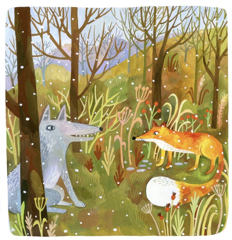 Wolf and Fox in Winter Forest, Illustration Watercolor Stock ...