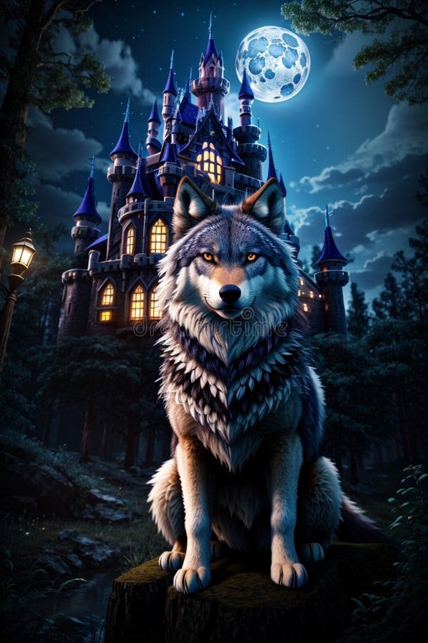 Wolf in Front of Haunted Castle Stock Image - Image of moon, night ...
