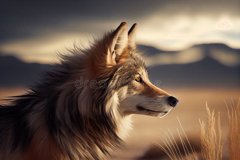 Wolf Gazing Down at Distant View, Its Fur Blowing in the Wind Stock ...