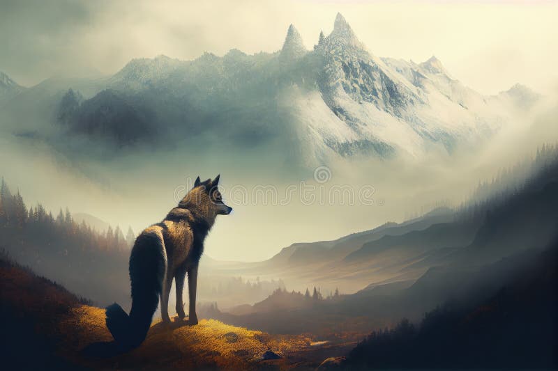 Wolf Gazing Down at the Mist-covered Valley, Surrounded by Towering ...
