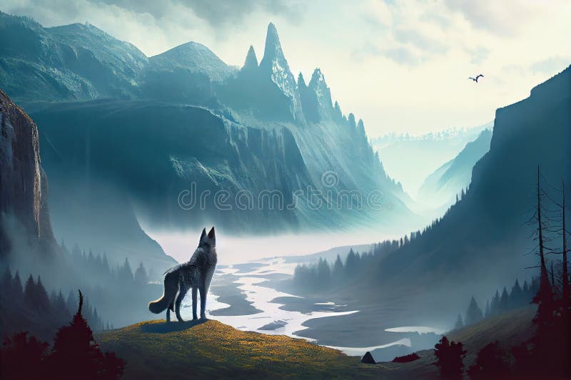 Wolf Gazing Down at the Mist-covered Valley, Surrounded by Towering ...