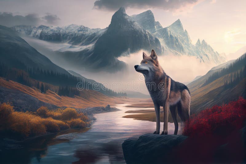 Wolf Gazing Down upon Valley, with River and Misty Mountains in the ...