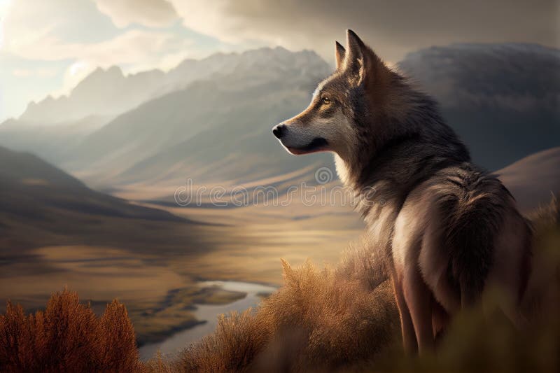 Wolf Gazing Down on Valley, with Rolling Hills and Mountains in the ...