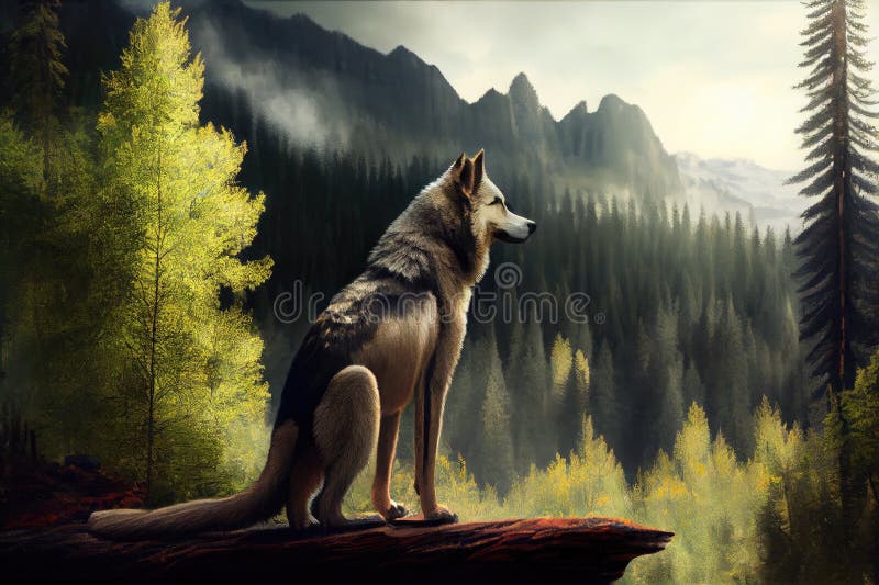 Wolf Gazing Out Over Lush Forest, with Tall Trees in the Distance Stock ...