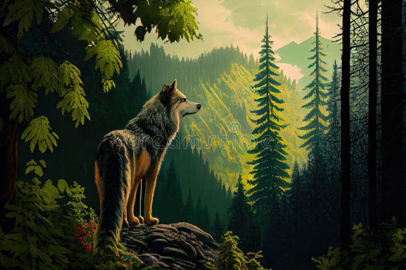 Wolf Gazing Out Over Lush Forest, with Tall Trees in the Distance Stock ...