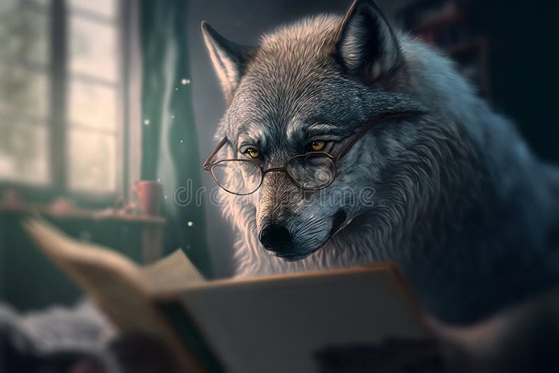 Wolf In Glasses Reading Book Generative Ai Stock Illustration Illustration Of Wolf Reading