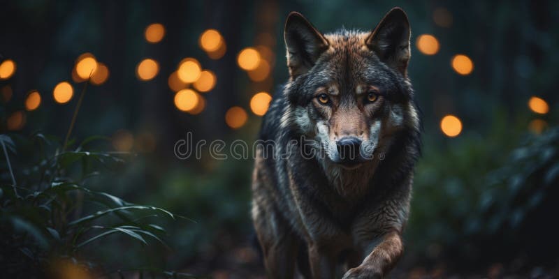 A Wolf with Glowing Eyes Prowling through a Dark, Glowing Jungle at ...