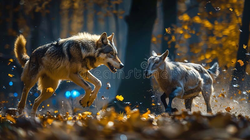 A Wolf and a Goat are Running through the Woods Stock Illustration ...