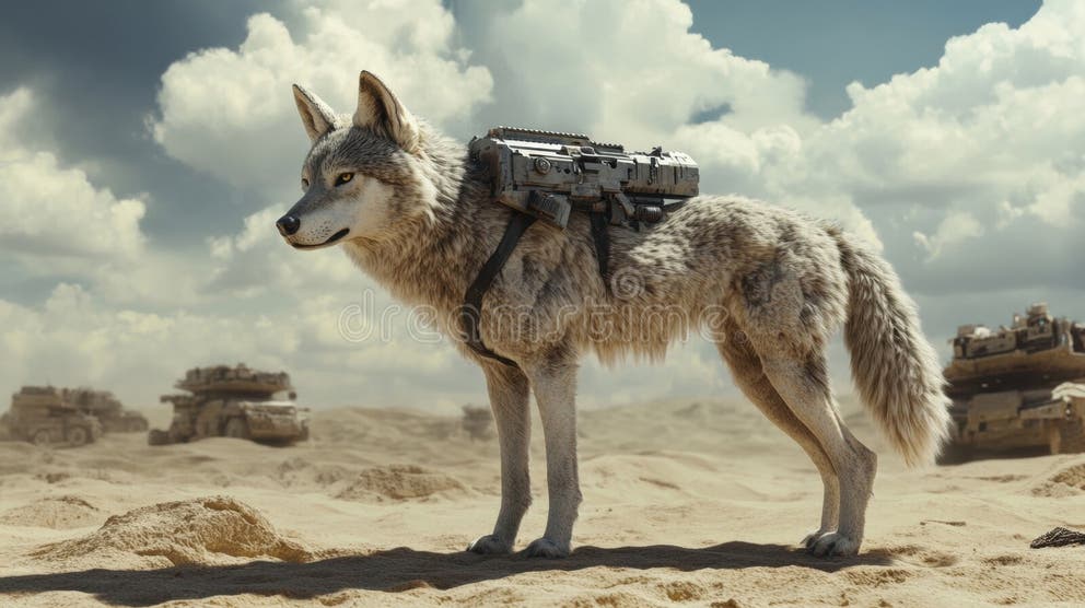 A Wolf with a Gun on Its Back Standing in the Sand Stock Illustration ...