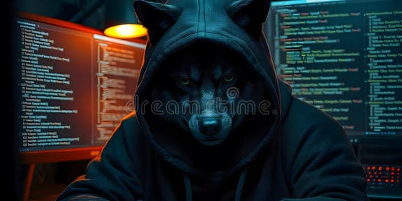 Wolf Hacker Coding at Computer Wearing Hoodie with Cyberpunk Vibe Stock ...