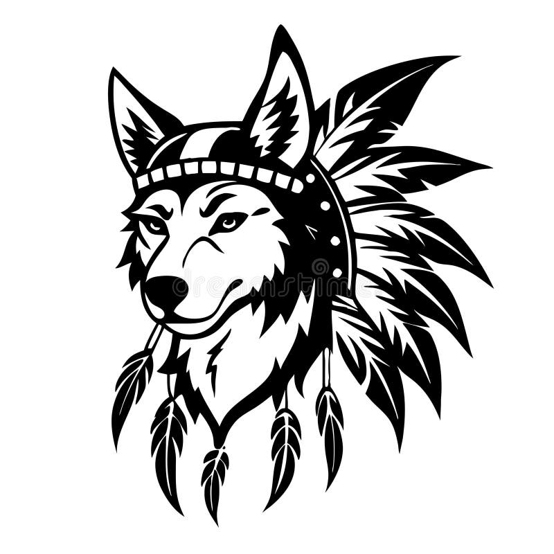 Wolf Head with Feathered Headdress Design for Tattoos and Illustrations ...