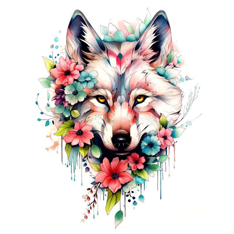 Wolf head and flowers stock illustration. Illustration of wolf - 290575117