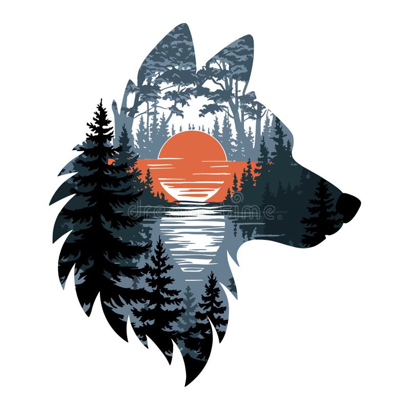 Wolf Head Masking Effects in Nature with Sun and River in Jungle Stock ...