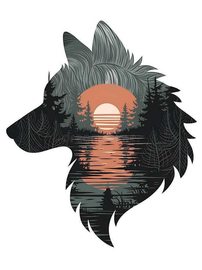 Wolf Head Masking Effects in Nature with Sun and River in Jungle Stock ...