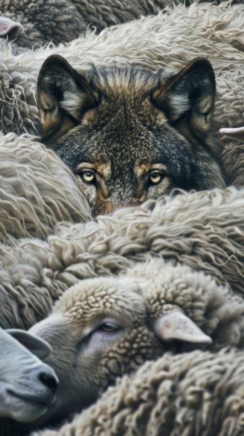 A Wolf Hidden among a Flock of Sheep, Close-up View. Deception and ...