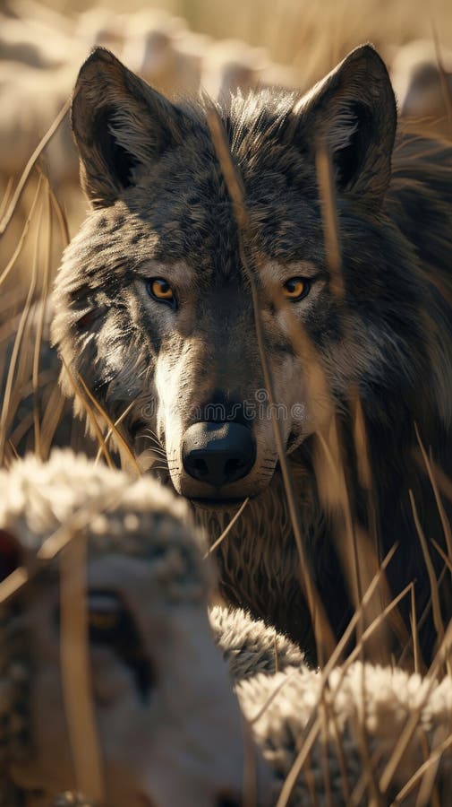 Wolf Hiding in Tall Grass Staring at Camera with Sheep in Foreground ...