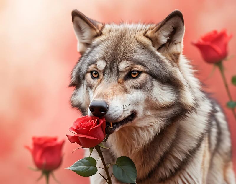 Wolf Holding a Red Rose in Soft Romantic Setting Stock Illustration ...
