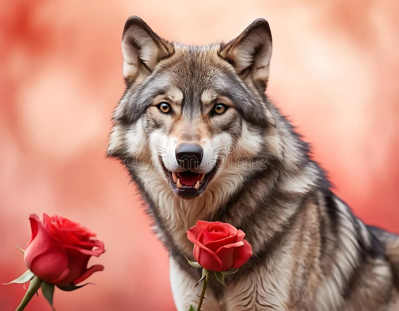 Wolf Holding a Red Rose in Soft Romantic Setting Stock Illustration ...