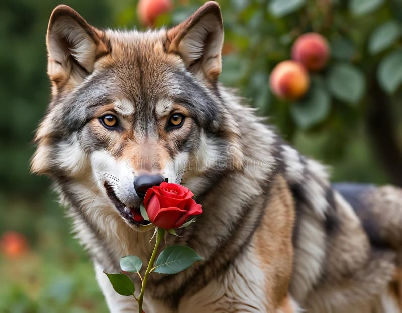 Wolf Holding a Red Rose in Soft Romantic Setting Stock Illustration ...