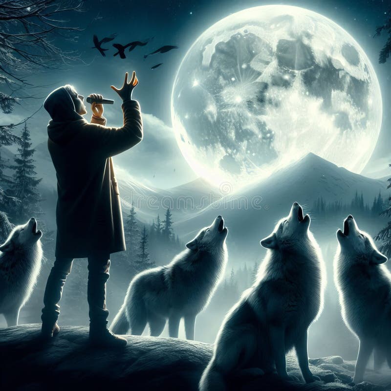 Wolf Howl a Person Howling Alongside a Wolf Pack Under a Full Mo Stock ...