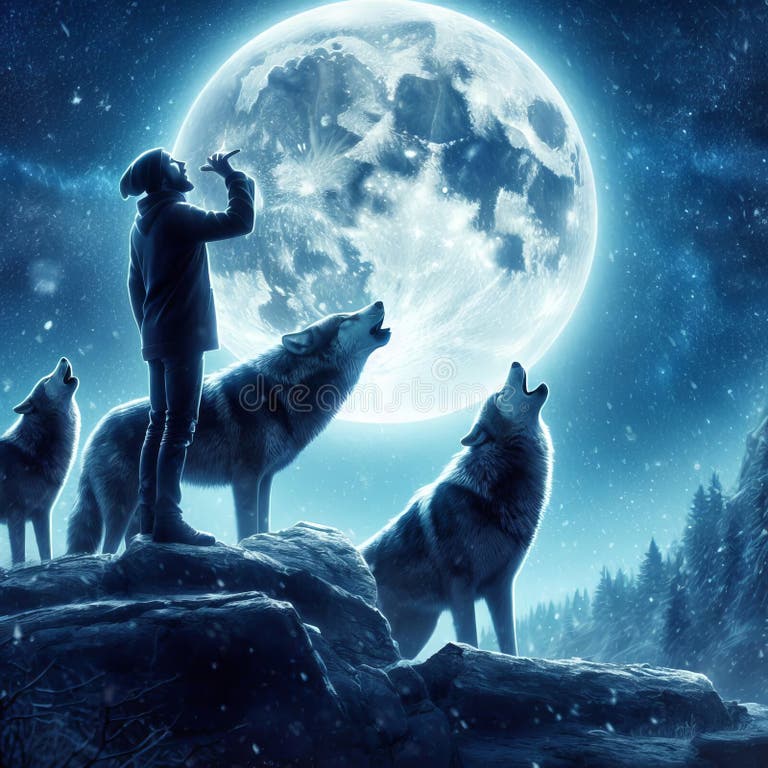 Wolf Howl a Person Howling Alongside a Wolf Pack Under a Full Mo Stock ...