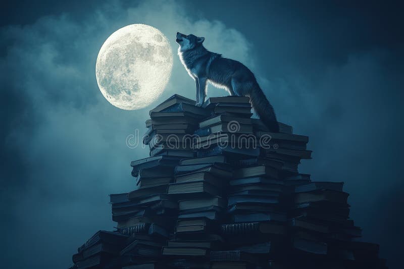 Wolf Howling Atop Book Stack Under Glowing Full Moon Stock Illustration ...