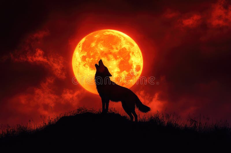 A Wolf Howling Atop a Hill As a Blood Moon Stock Image - Image of full ...