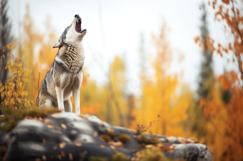 Wolf Howling with Autumn Trees in the Backdrop Stock Photo - Image of ...