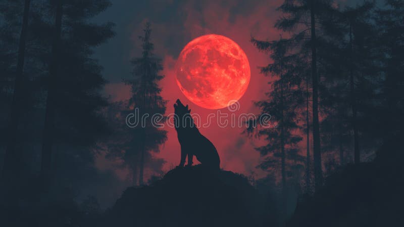 A Wolf Howling at a Blood Red Moon in a Dark Forest Stock Illustration ...
