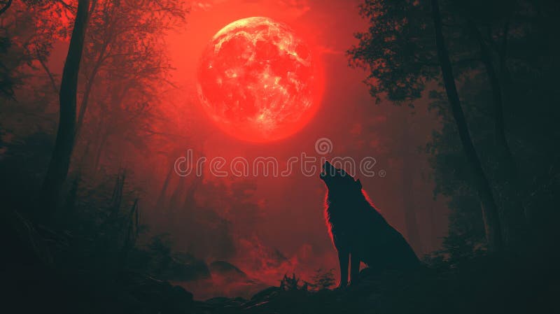 A Wolf Howling at a Blood Red Moon in a Silhouetted Forest Stock ...