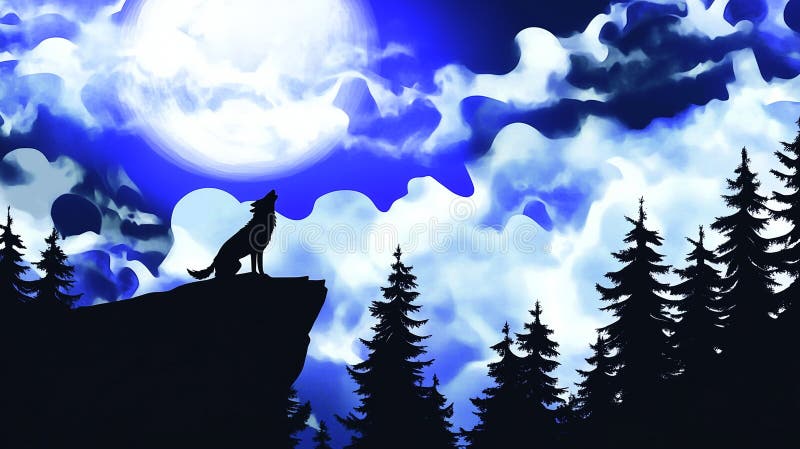 Wolf Howling on Cliff Under Bright Full Moon in Blue Night Sky with ...