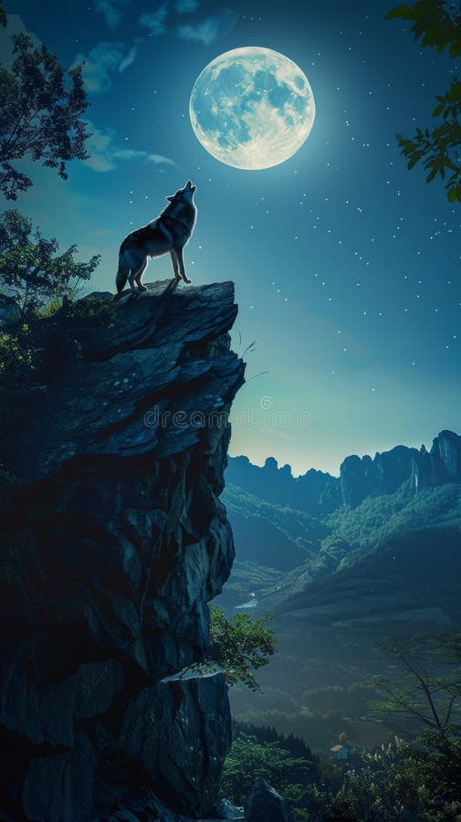 Wolf Howling on Cliff Under Full Moon at Night, Scenic Wildlife Concept ...