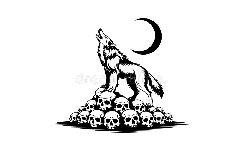 Wolf Howling at Crescent Moon on Pile of Skulls Image Stock ...