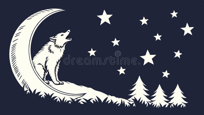 Wolf Howling at the Crescent Moon, Symbolizing Wilderness and Mystical ...