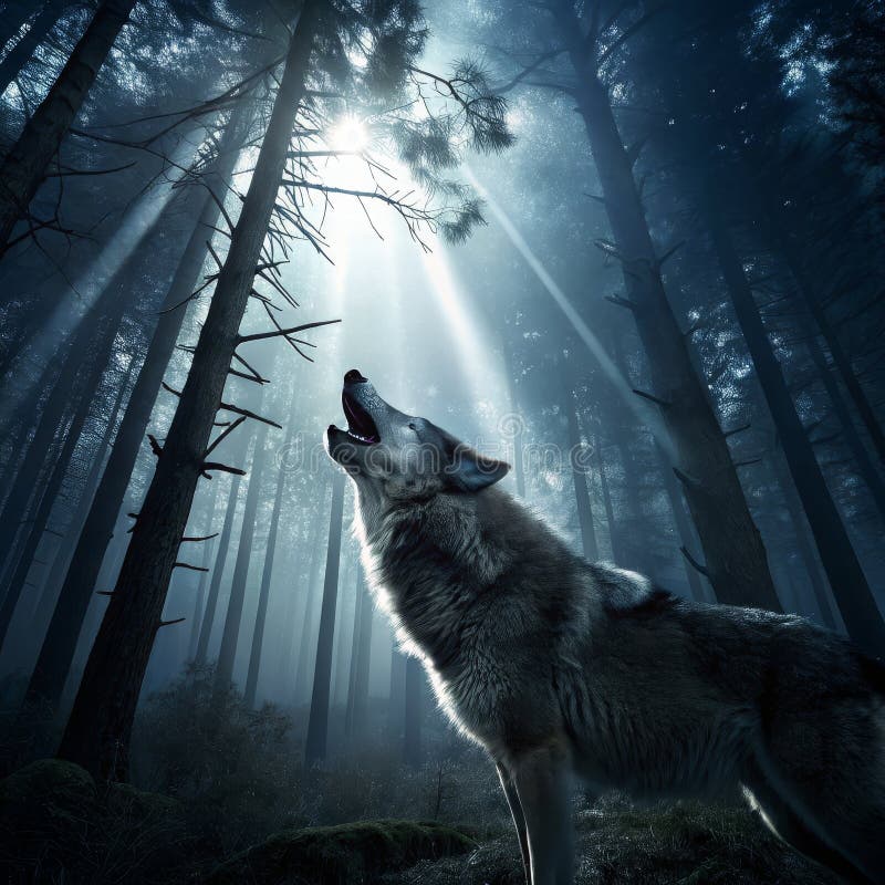 Wolf Howling at Dawn in Mystical Forest Digital Art, Dark Fantasy, Sun Rays, Composition, Wolf ...
